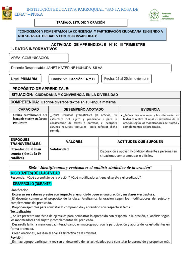 Sesión 10-Seman 10 - Exp 5 - Comun 5to - 2022 La Oración, Suj Predi y Sus Compl | PDF | Verbo ...