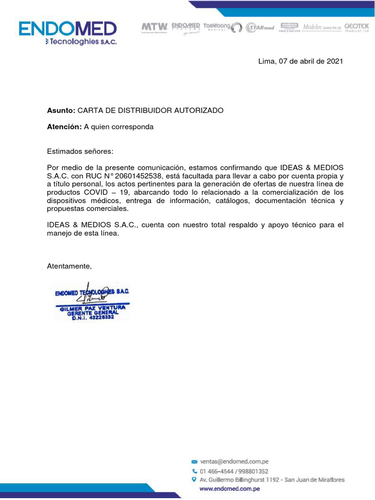 Carta de Distribuidor Autorizado ENDOMED | PDF Carta de Distribuidor Autorizado ENDOMED | PDF