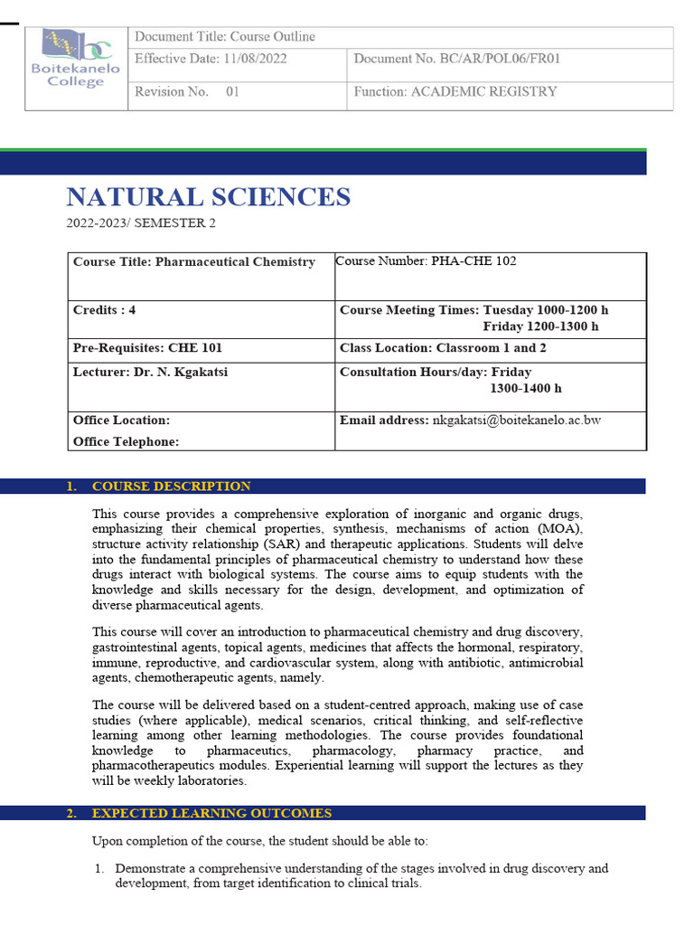 Revised Pharmaceutical Chemistry Course Outline 2023-2024 | PDF ...