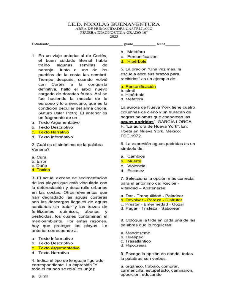 Prueba Diagnóstica Español Grado 10 | PDF | Lingüística