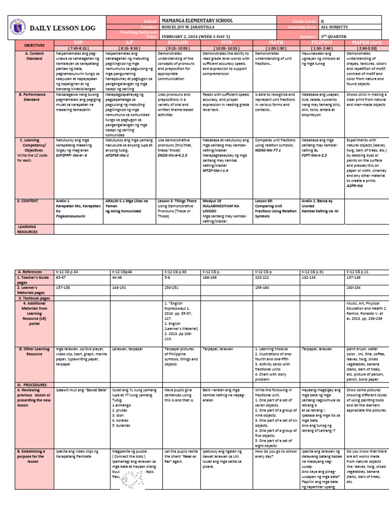 DLL All Subjects 2 q3 w1 d3 | PDF