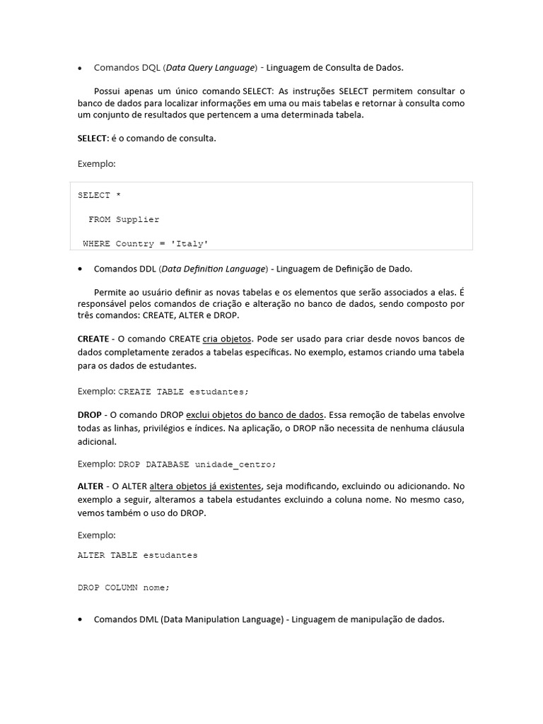Comandos SQL | PDF | SQL | Ciência da Computação