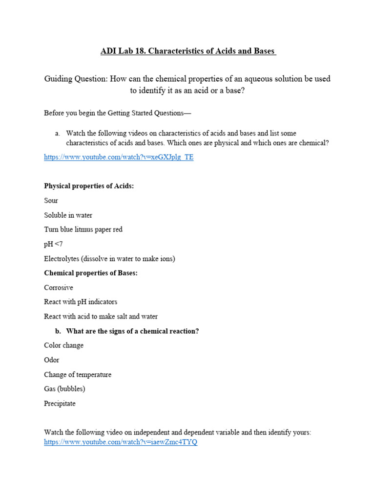 ADI Lab 18 Guiding Questions Student Copy 1 | PDF | Acid | Ph