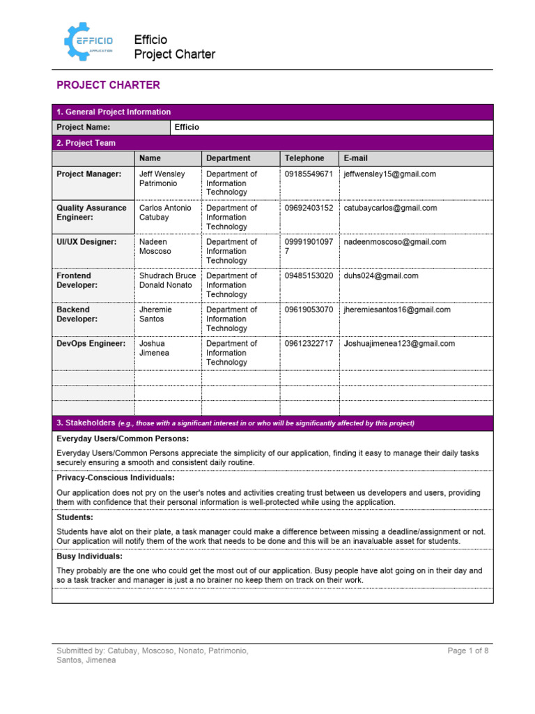 Efficio Task Management Project Charter | PDF | Php | Time Management