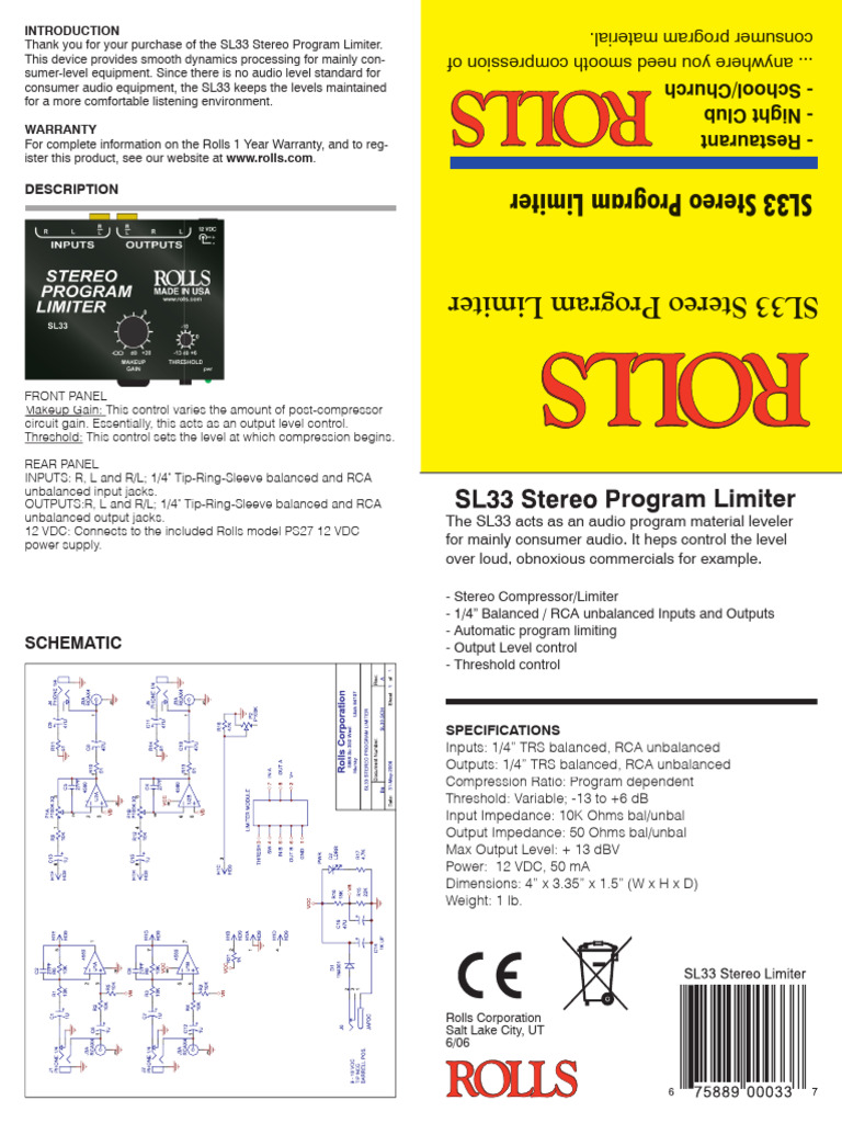 Rolls sl33 Stereo Program Limiter SCH | PDF | Sound | Electronics