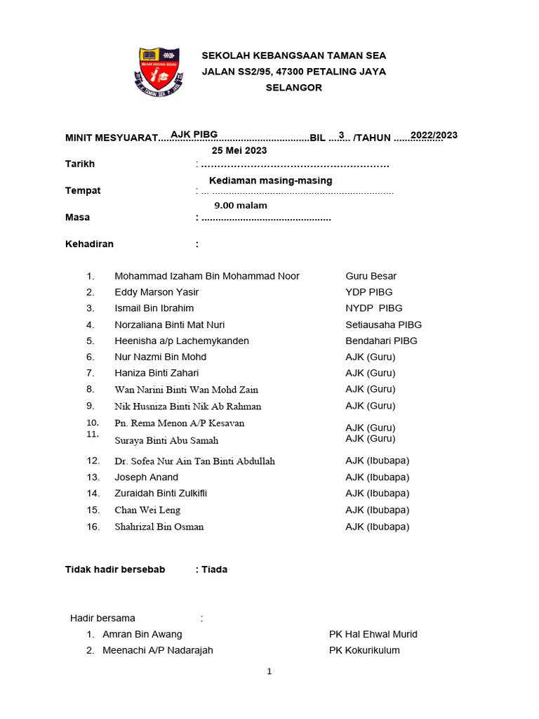 Minit Mesyuarat Ajk Pibg 1 2022 23 | PDF