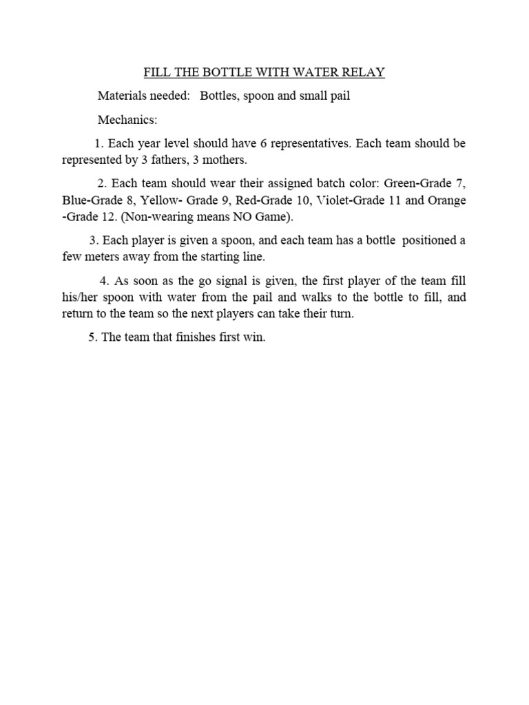 Water Bottle Relay Game Rules | PDF