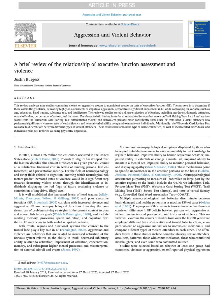 A Brief Review of The Relationship of Executive Function Assessment and Violence . | Download ...