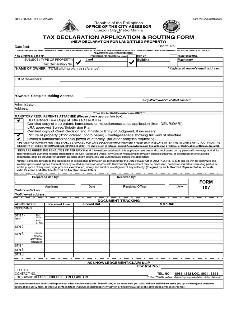 New Declaration For Land Titled Property and Routing Form | PDF ...
