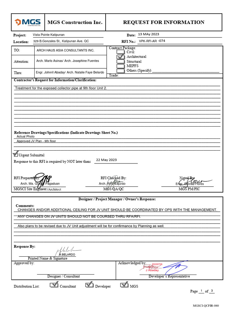 RFI: Exposed Pipe Issue 9th Floor | PDF