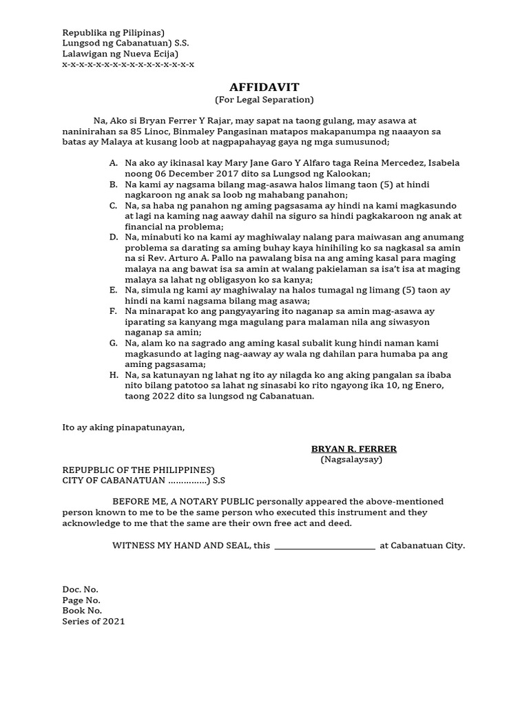 AFFIDAVIT For Legal Separation | PDF