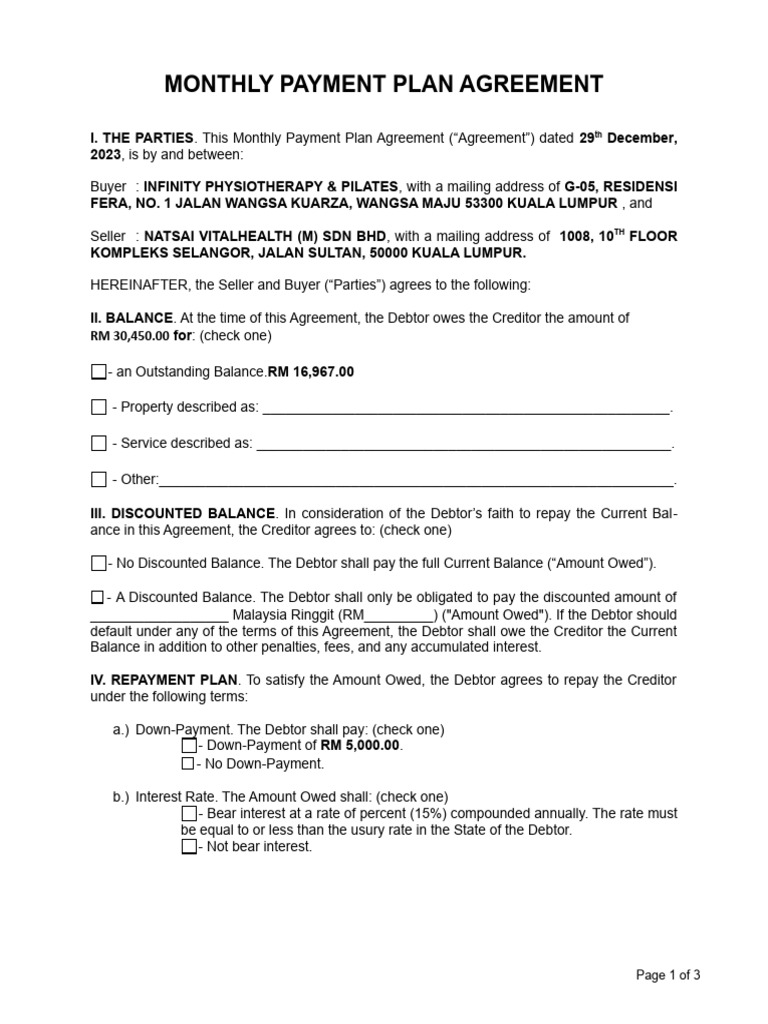 Monthly-Payment-Plan-Agreement Infinity | Download Free PDF | Debtor ...