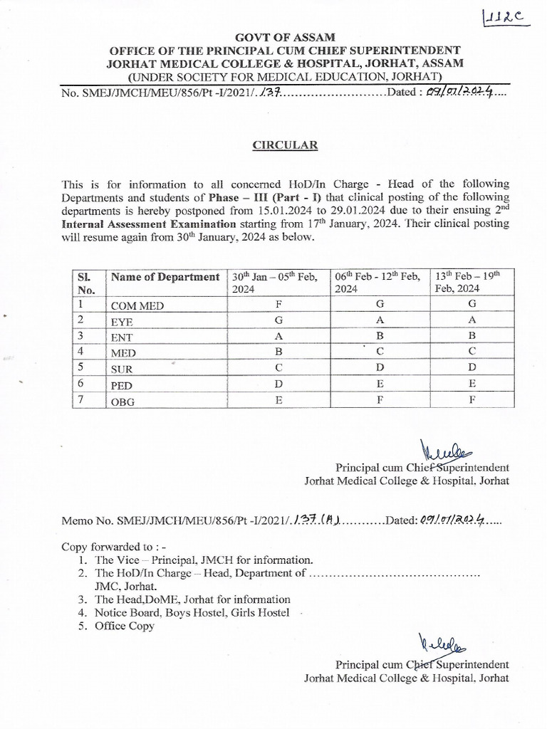 Circular For Postpontment of Clinical Posting For Phase - III PT - I | PDF