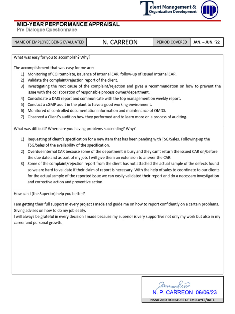 Carreon - Mid-Year-Pre-dialogue-Questionnaire | PDF