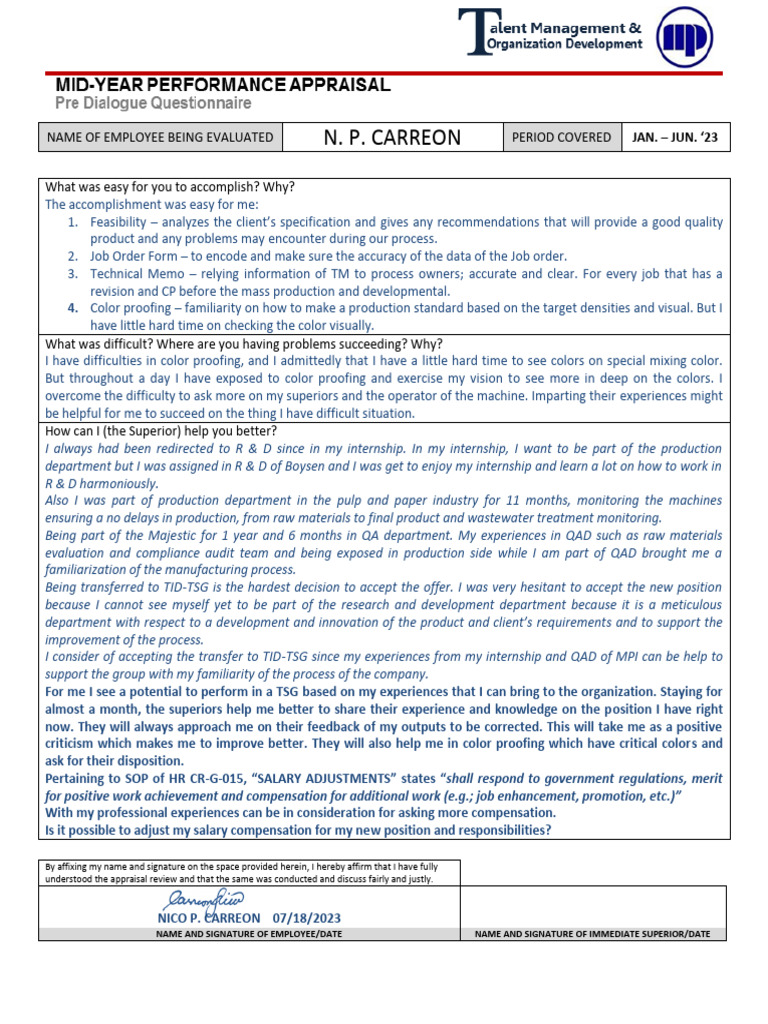 Mid Year Pre Dialogue Questionnaire CARREON | PDF | Cognition | Cognitive Science
