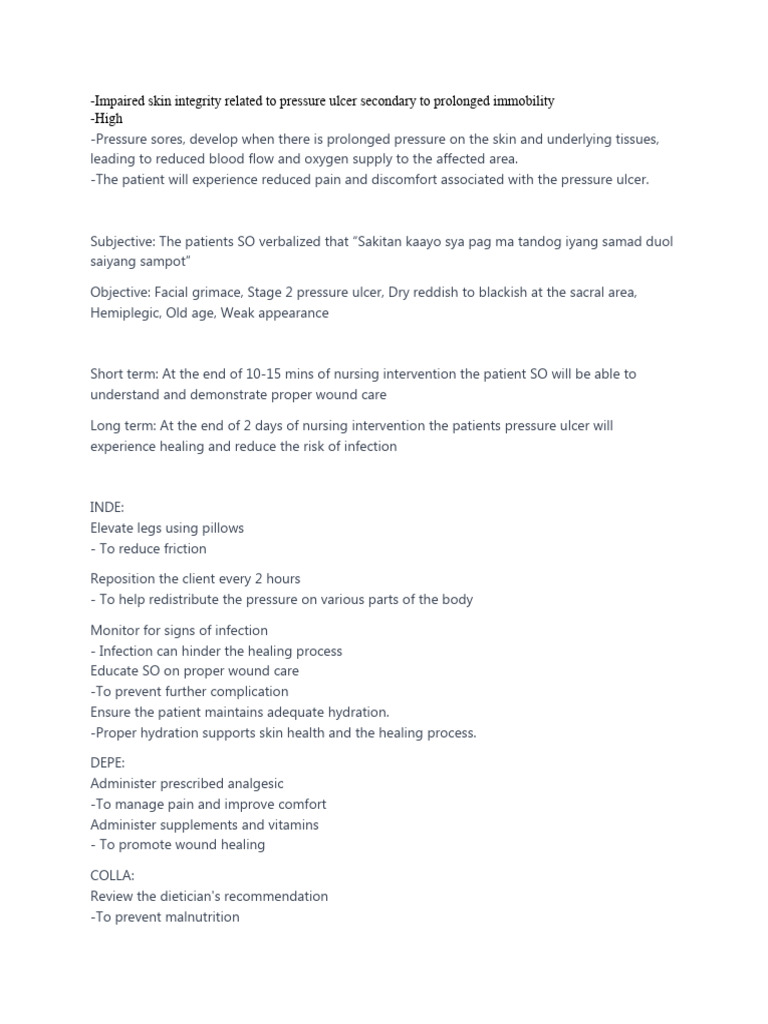 Impaired Skin Integrity Related To Pressure Ulcer Secondary To ...