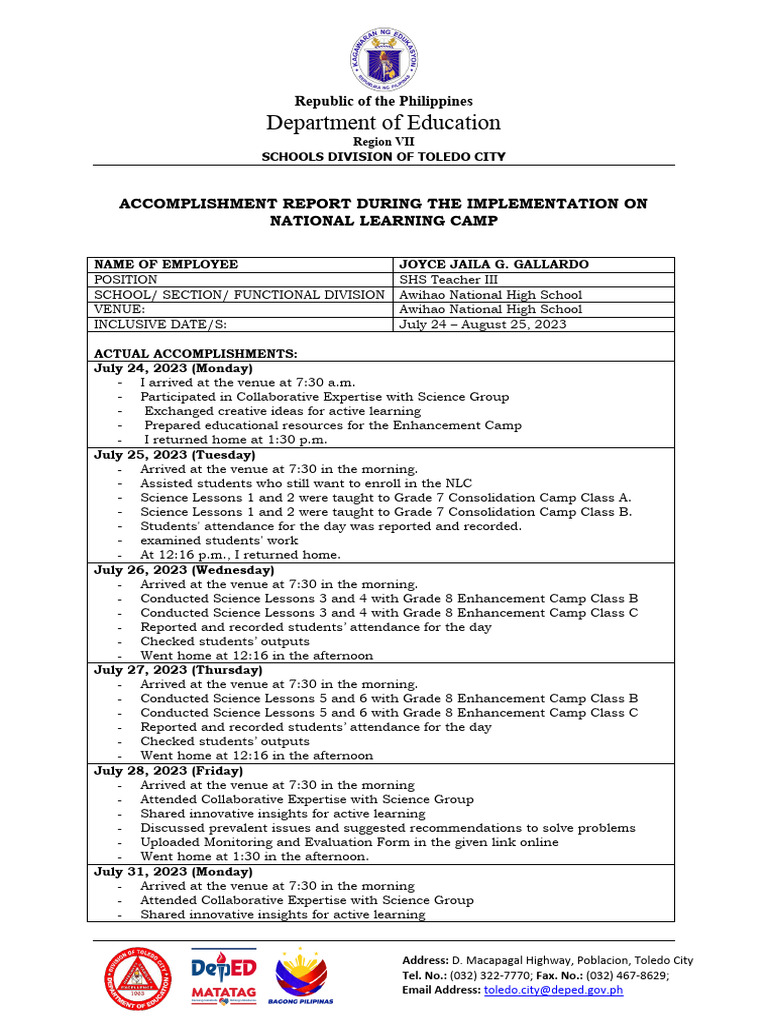 Accomplishment Report Math NLC | PDF | Behavior Modification | Cognition