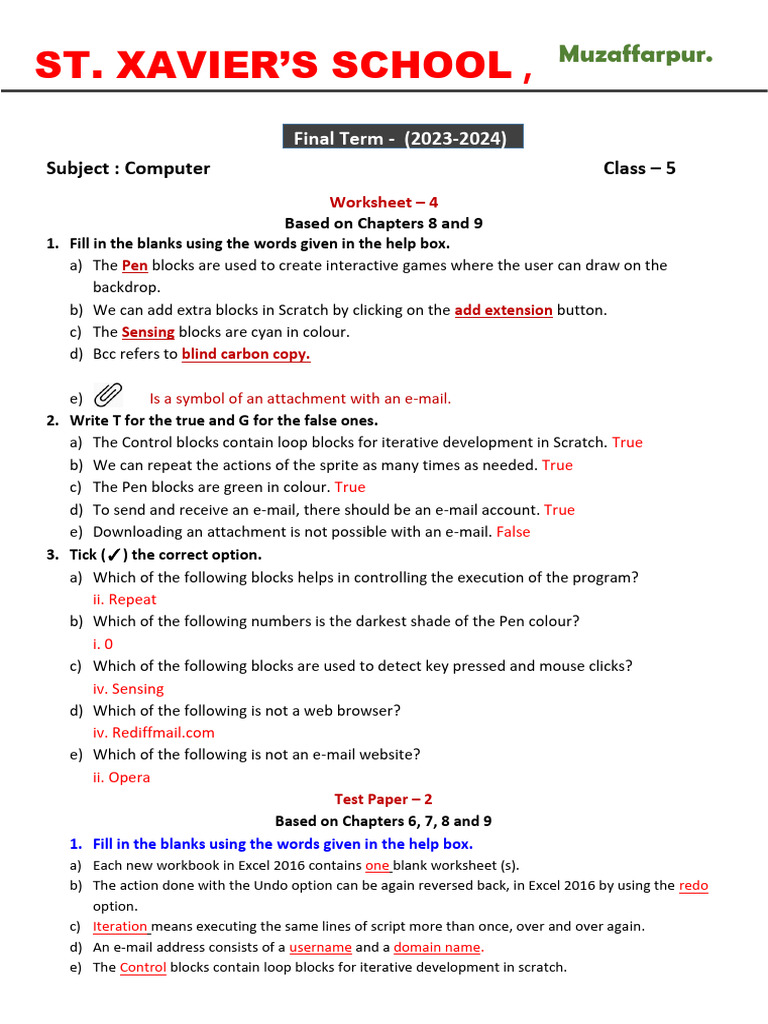 Class 5 Computer WS &, TP | PDF | Microsoft Excel | Spreadsheet