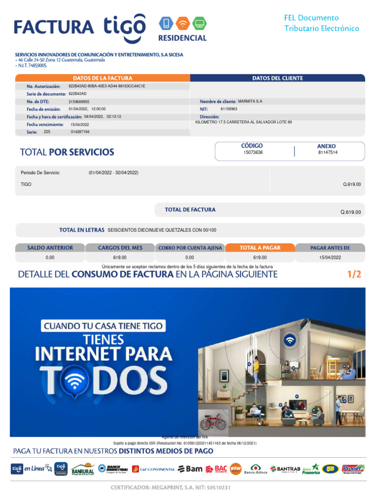 Detalle Del Consumo de Factura en La Página Siguiente: 46 Calle 24-50 ...