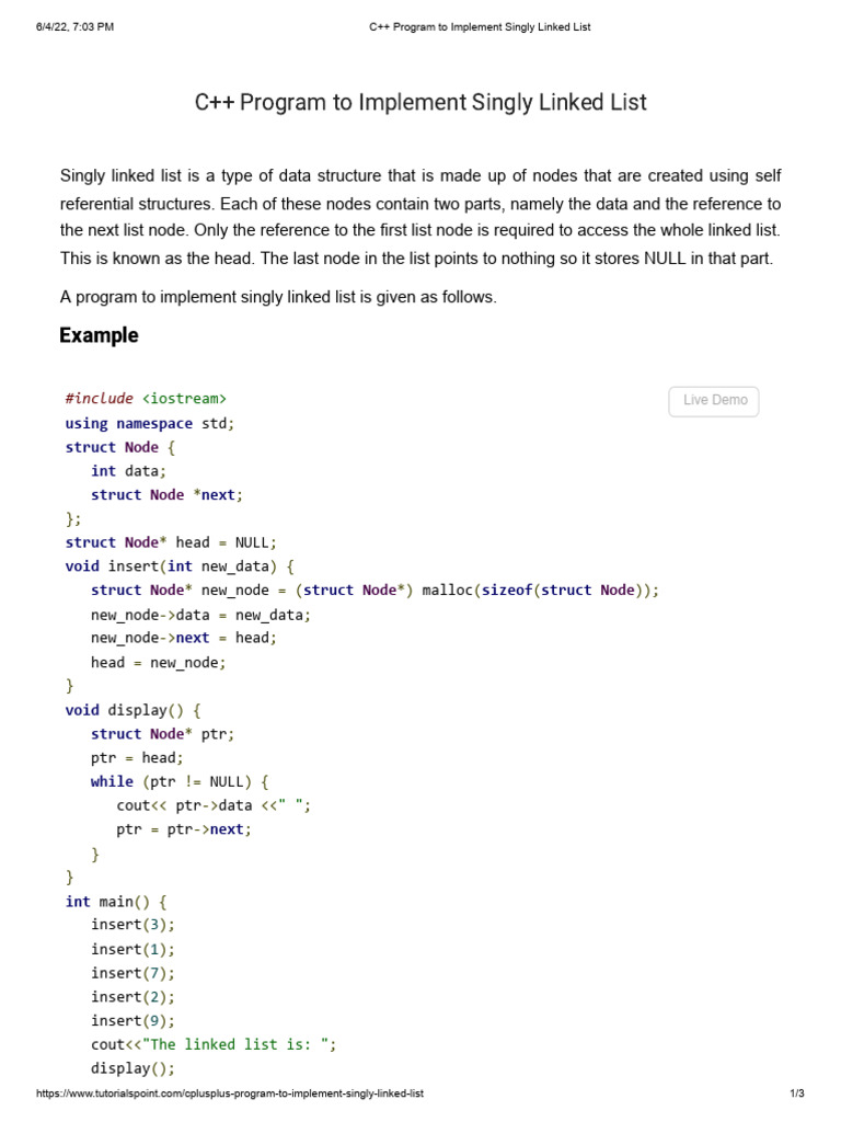 C++ Program To Implement Singly Linked List | PDF | Computing | Data C++ Program To Implement Singly Linked List | PDF | Computing | Data