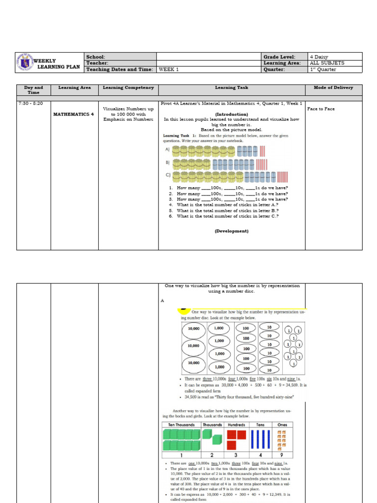 Weekly learning plan | PDF | Learning | Numbers