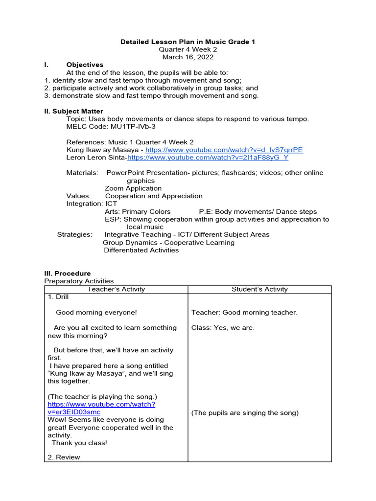 Grade 1 Music Lesson Plan: Tempo | PDF | Teachers | Lesson Plan