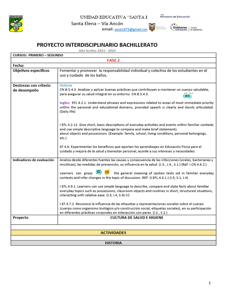 1ero y 2do BGU FASE 2 PROYECTO INTERDISCIPLINARIO | PDF | Piel | Oído