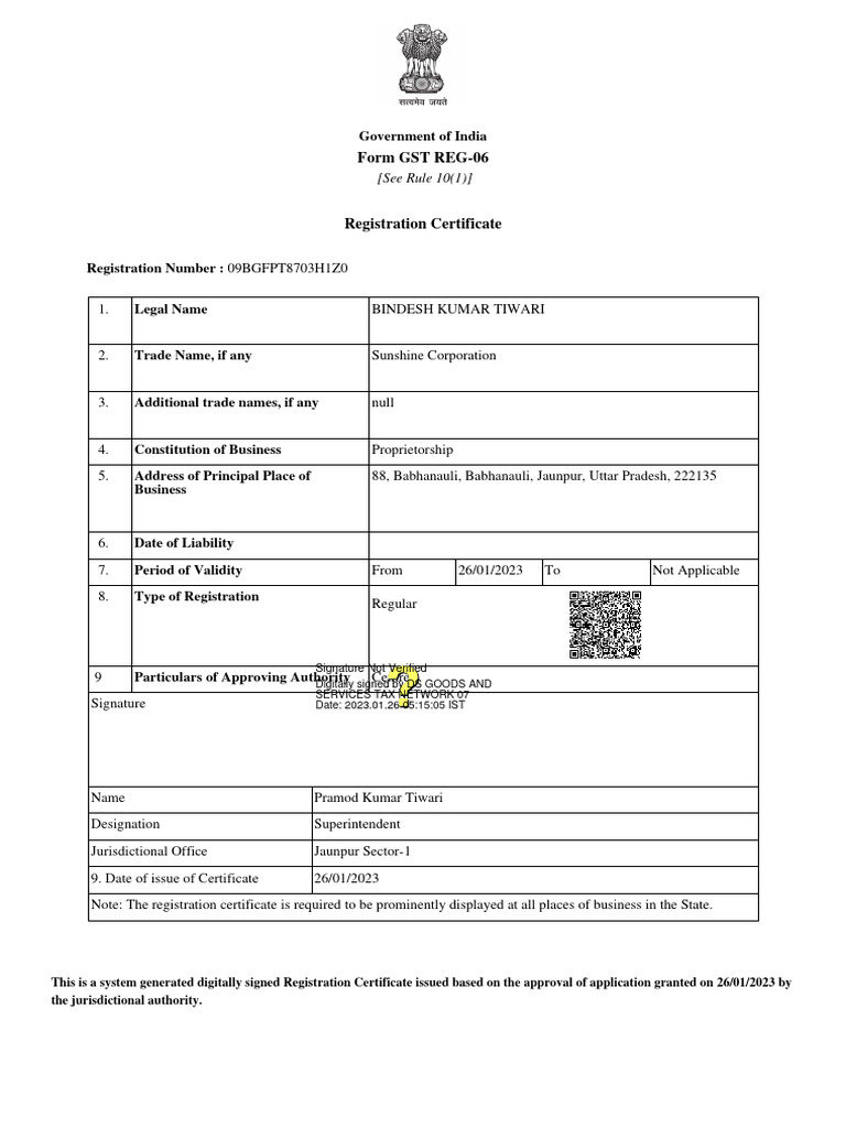 Sunshine GST certificate | PDF | Business | Corporations