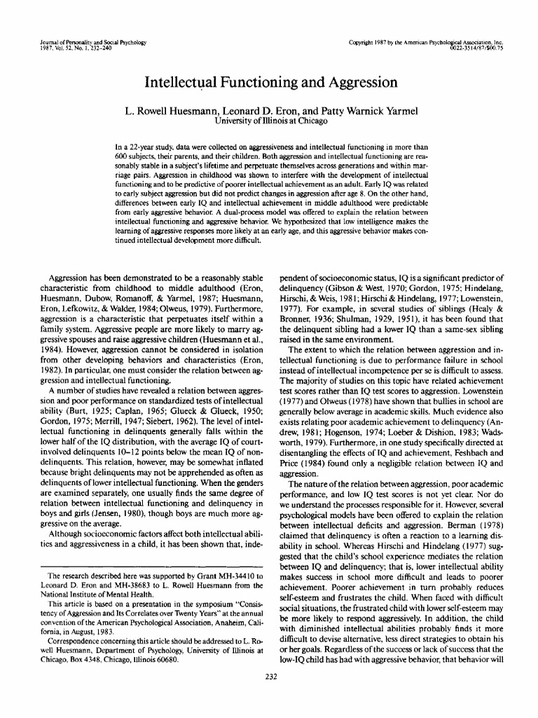 Intellectual Functioning and Aggression | PDF | Intelligence Quotient | Aggression