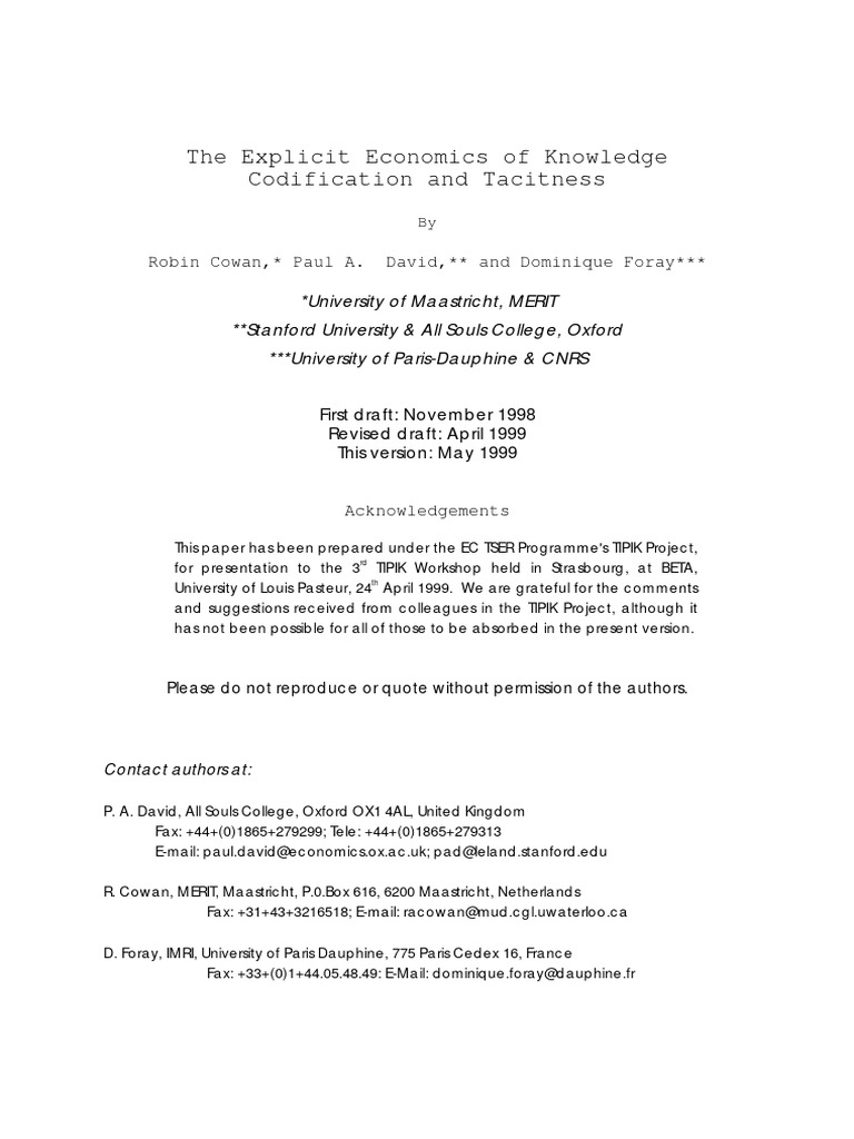 Cowan, Robin, David, Paul y Foray, Dominique (1999) - The Explicit ...