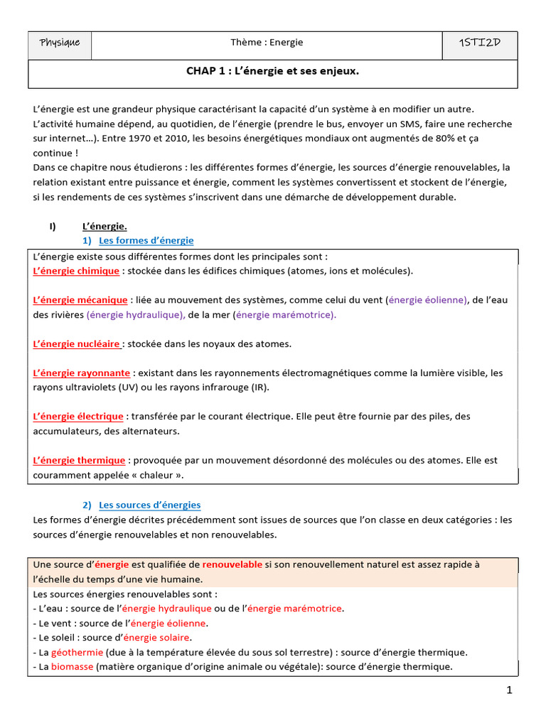 CHAP 1 L Nergie Et Ses Enjeux | PDF | Stockage de l'énergie | Énergie renouvelable