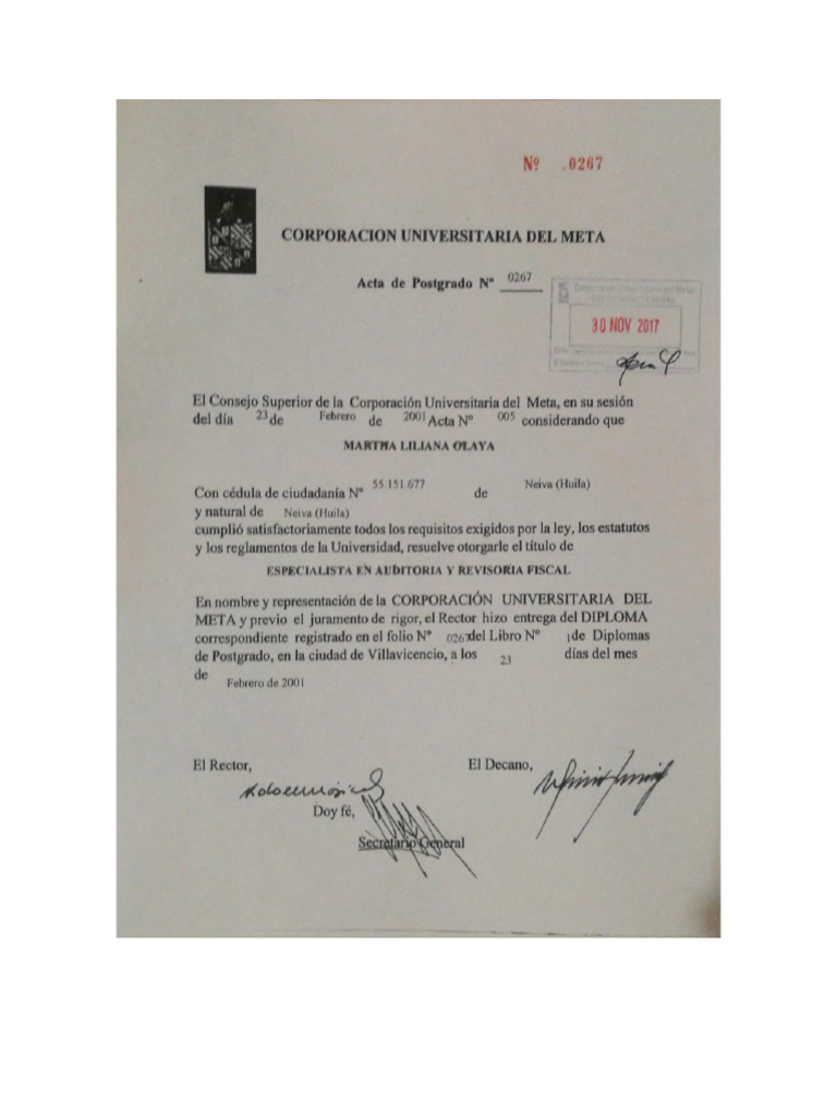 Acta de Postgrado Revisoria Fisca | PDF