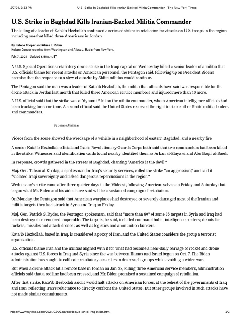 U.S. Strike in Baghdad Kills Iranian-Backed Militia Commander - The New ...