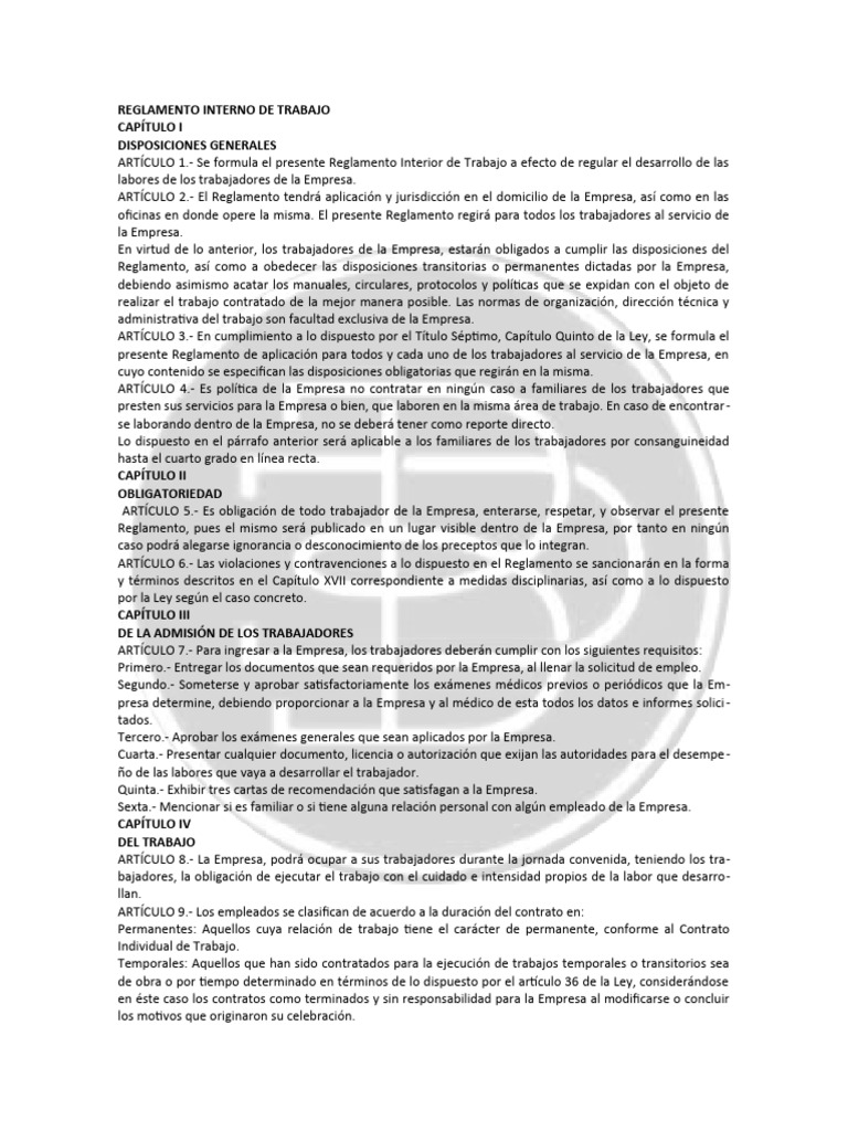 Reglamento Interno de Trabajo | PDF | Business | Salario