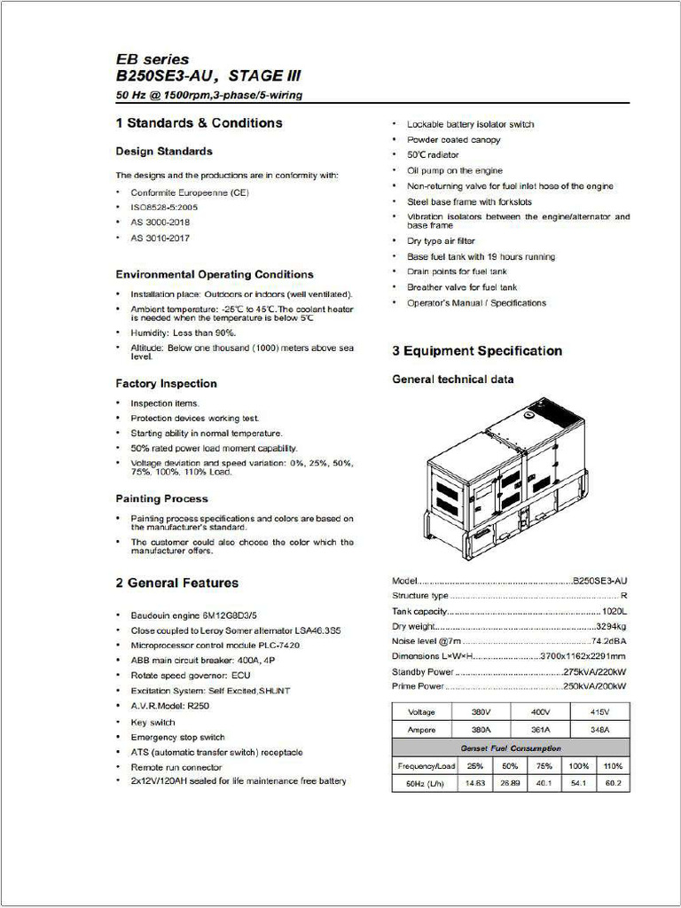 275kva Gen Tech Specs | PDF | Electrical Engineering | Components