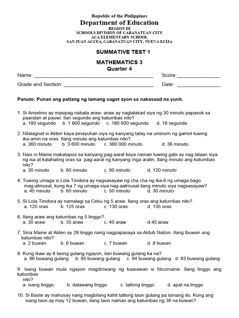 Summative Test 1 Math and Science Q4 | PDF