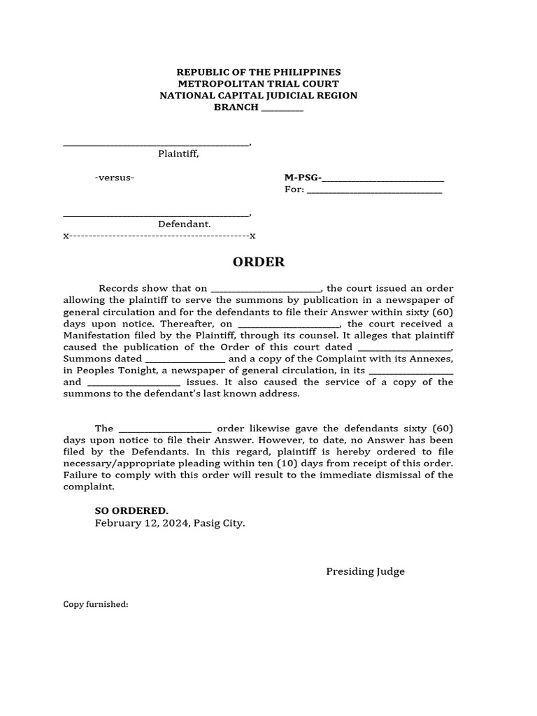 Order - To File Necessary Pleading - Proforma | PDF
