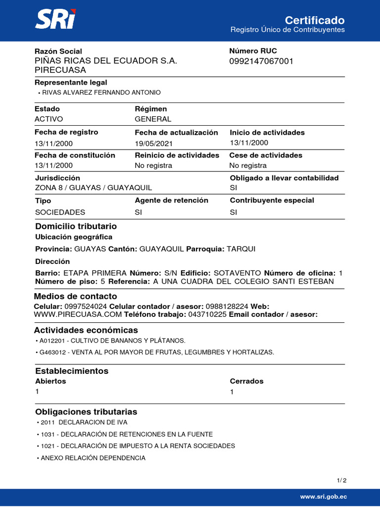 Certificado RUC Piñas Ricas del Ecuador | PDF | Ecuador | Economias