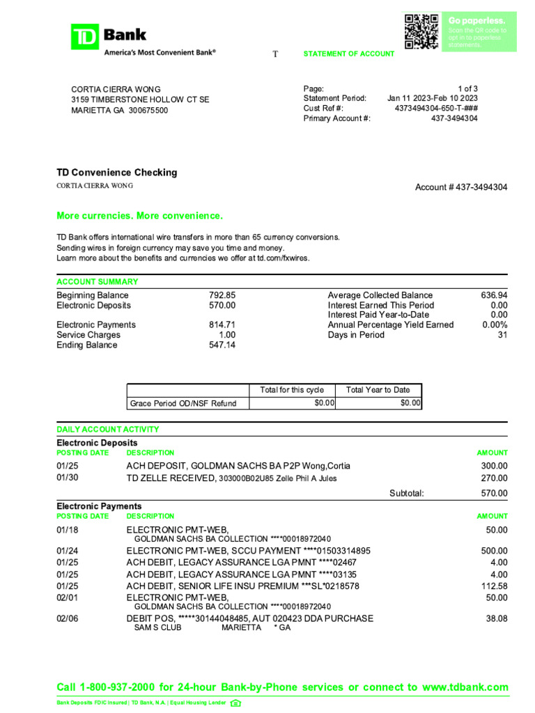 TD Bank Statement - 2023-02-10 | PDF