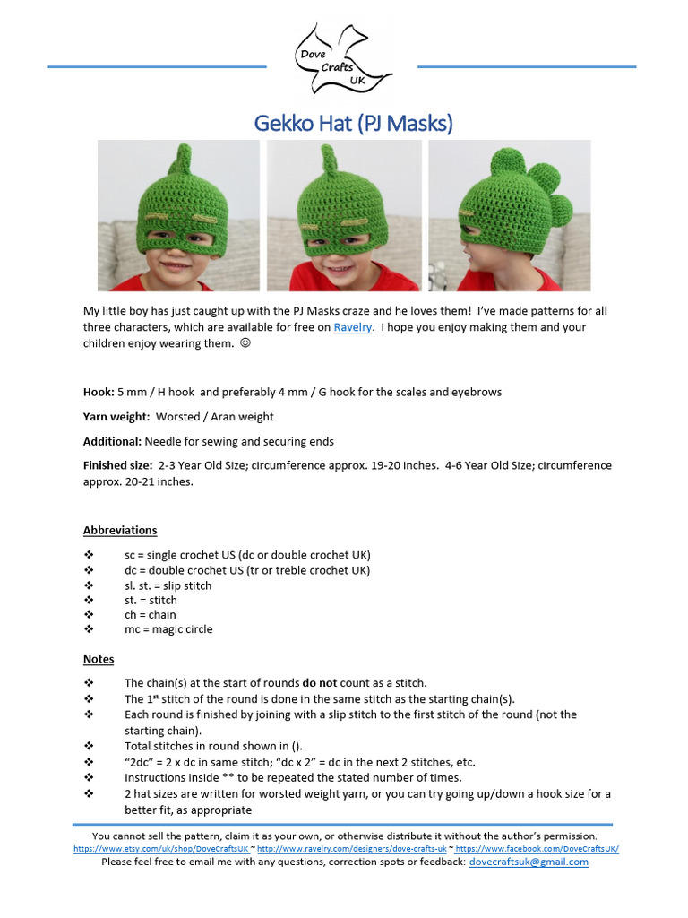 DoveCraftsUK - Gekko PJ Masks Hat v1.1 | PDF | Crochet | Needlework