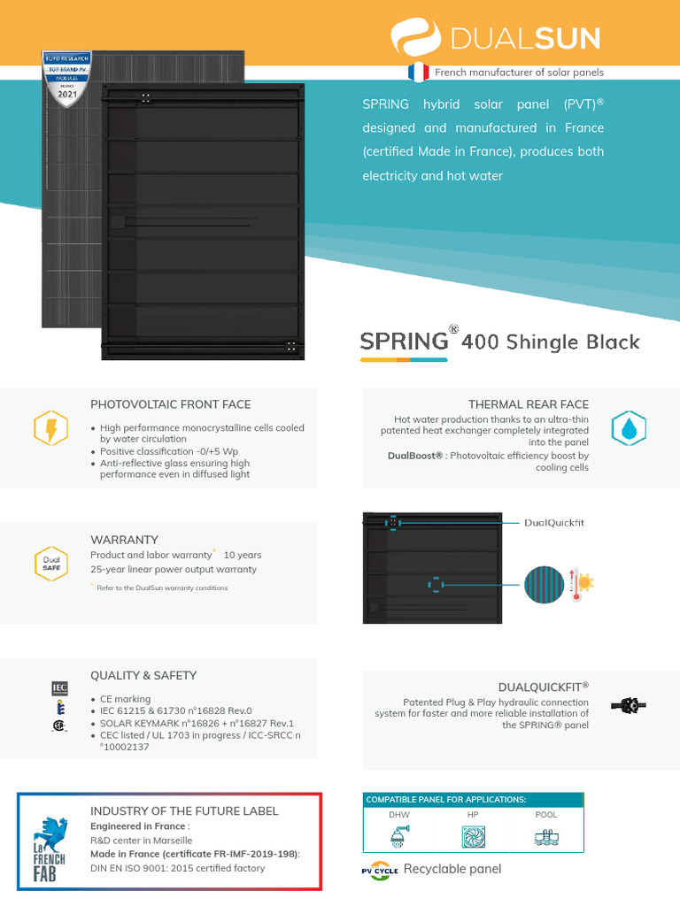 DualSun EN Datasheet SPRING 400 Shingle Black | PDF | Photovoltaics ...