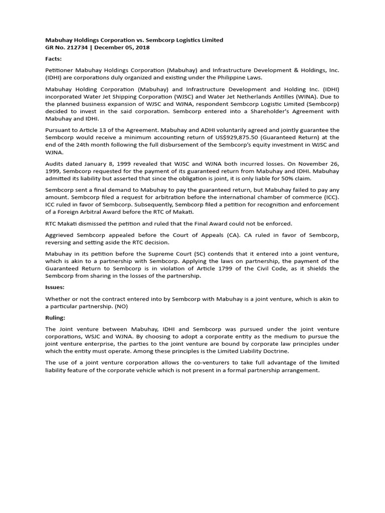 Mabuhay Holdings Corporation vs. Sembcorp Logistics Limited | PDF ... Mabuhay Holdings Corporation vs. Sembcorp Logistics Limited | PDF ...