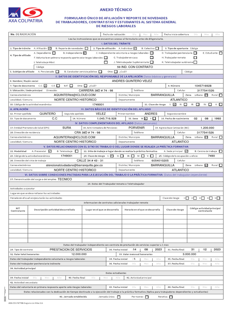 Formulario Unico de Afiliacion Reporte Novedades de Contratistas y Est ...