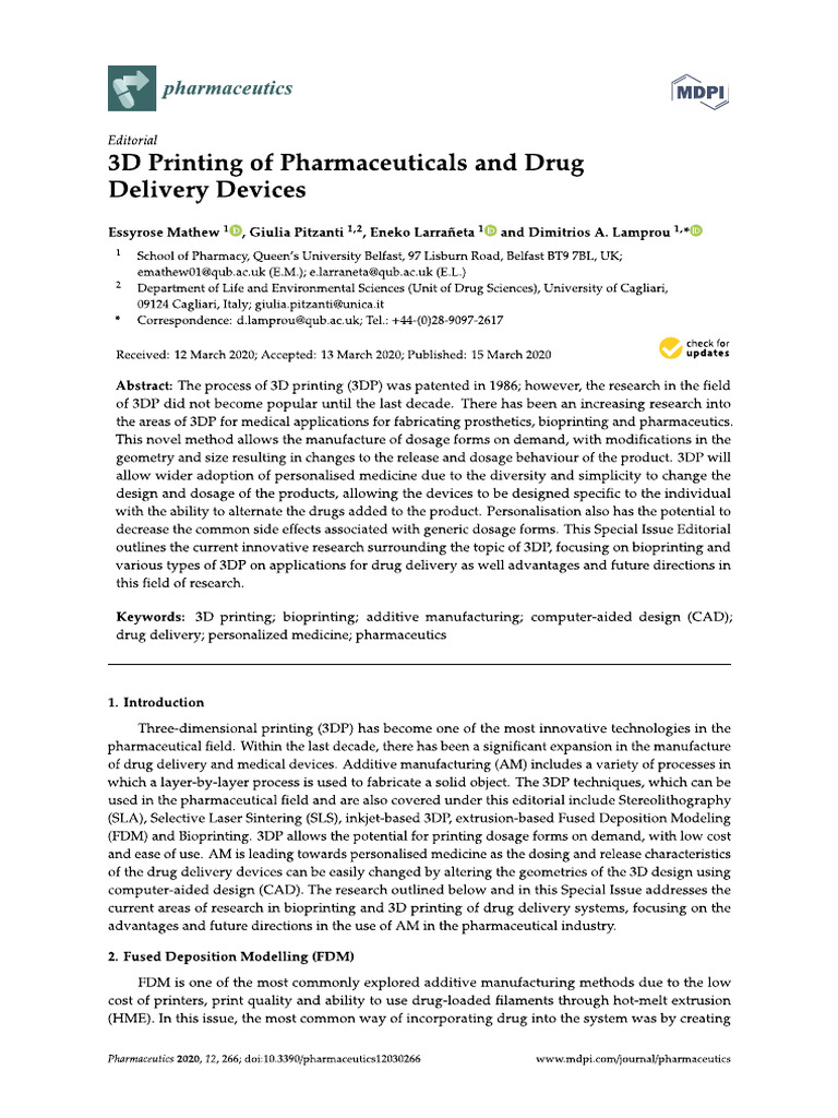 3D Printing of Pharmaceuticals and Drug Delivery Devices | PDF