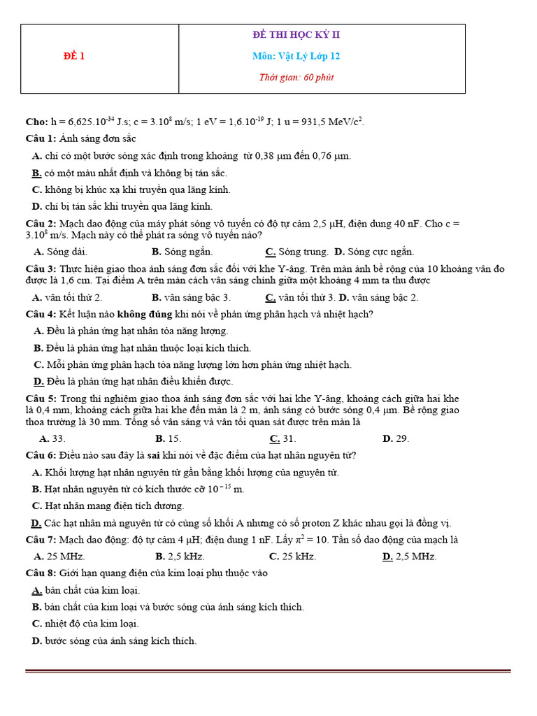 16 de Thi Hk 2 Vat Ly 12 Co Dap An | PDF