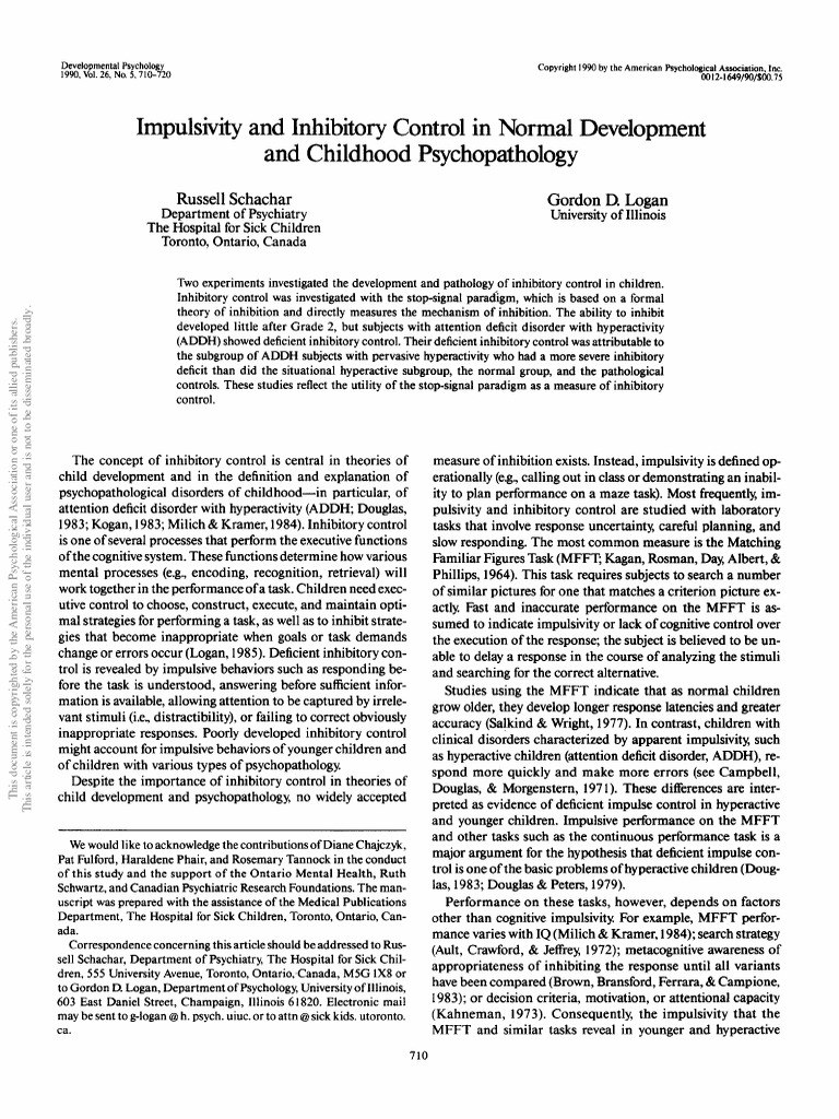 Impulsivity and Inhibitory Control in Normal Development and Childhood Psychopathology ...