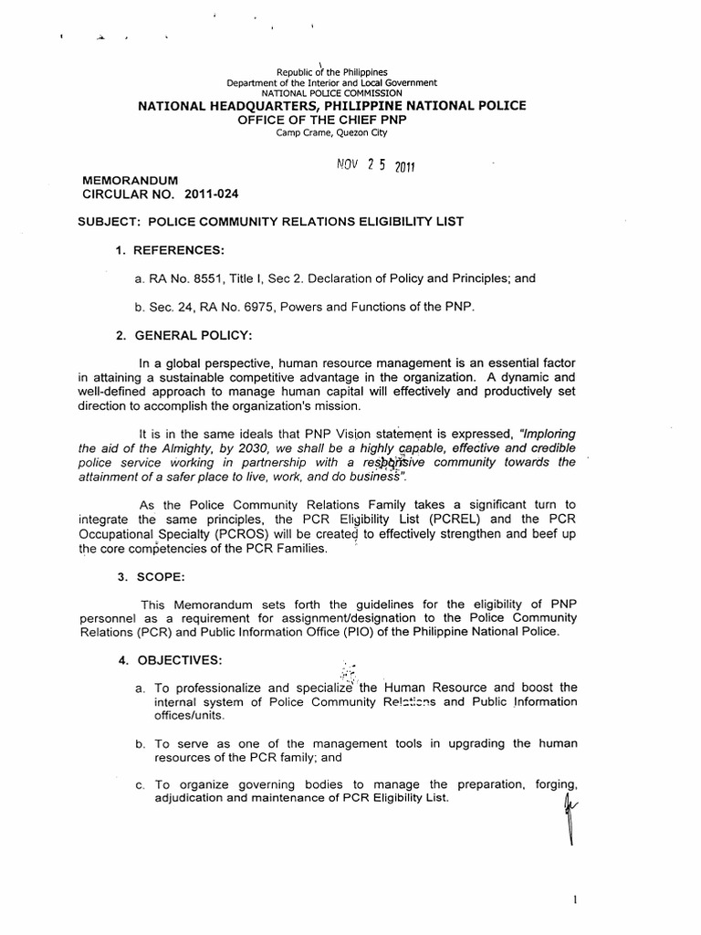 PNP MC 2011 024 Police Community Relations Eligibility List | PDF