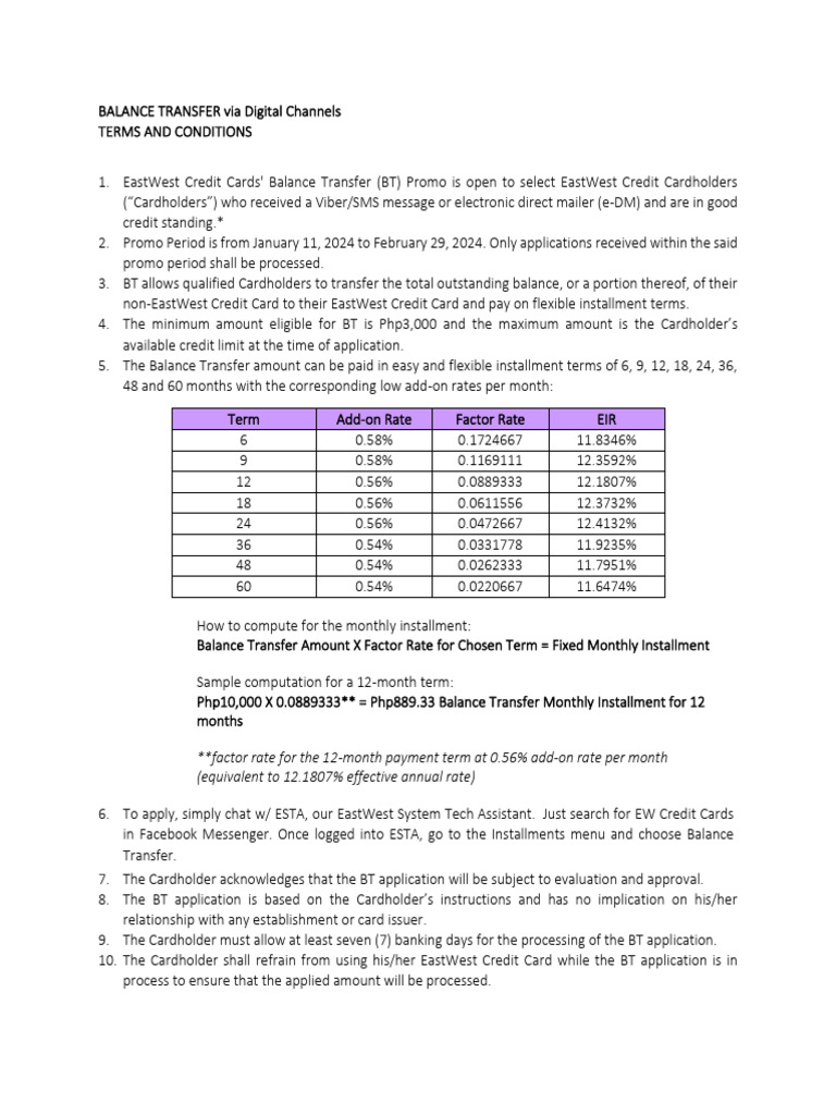 EastWest Credit Card Balance Transfer Guide | PDF | Credit Card ...