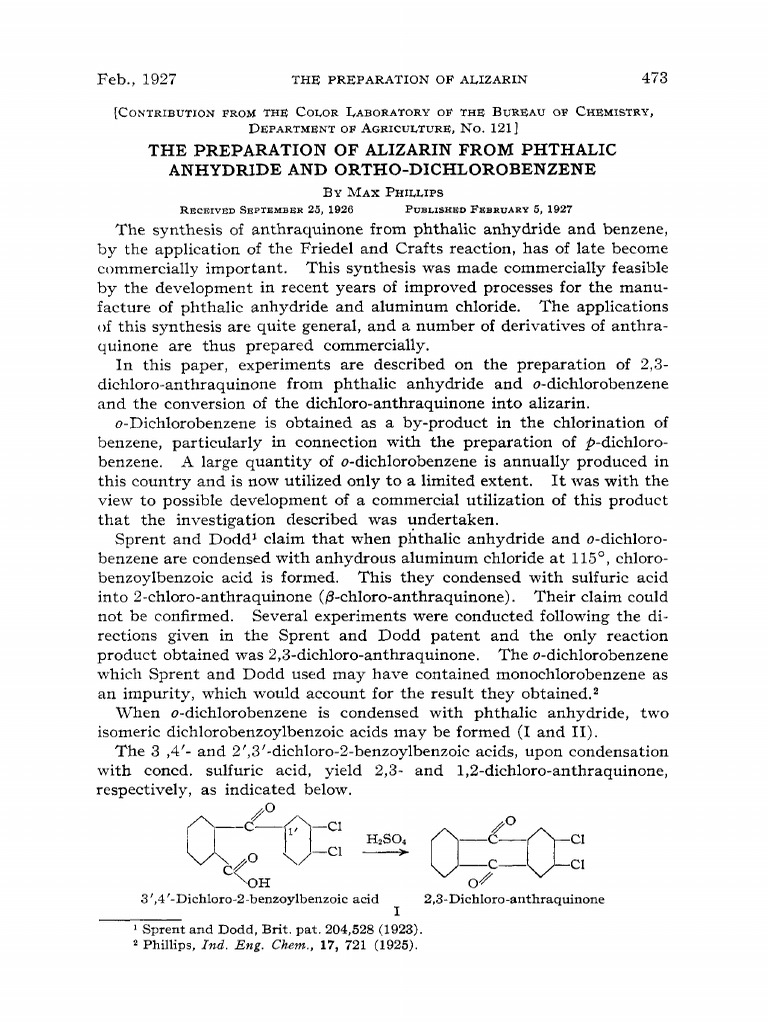 Alizarin Synthesis from Phthalic Anhydride | PDF | Acid | Distillation