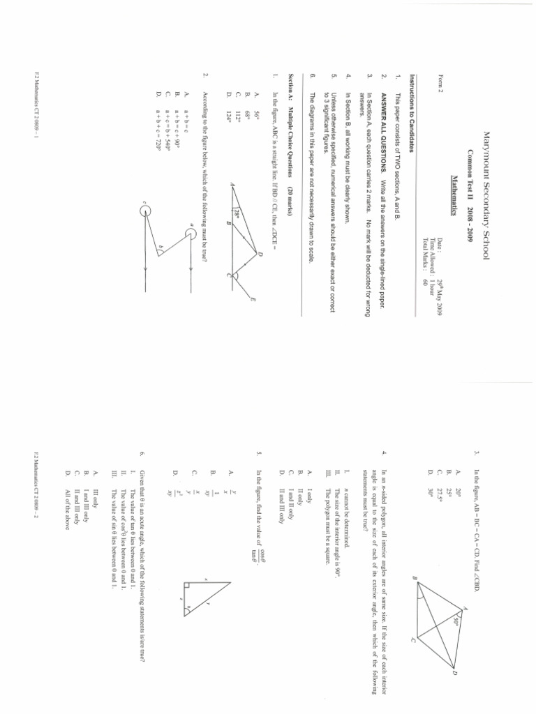 Marymount Sec School Common Test II - Maths Solution | PDF